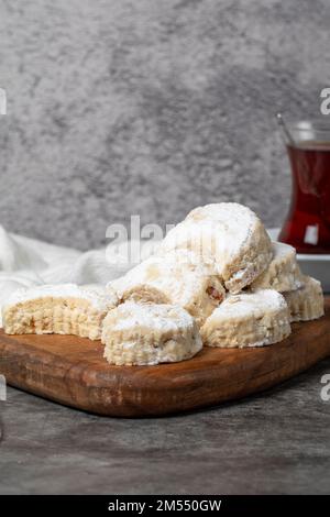Kavala cookies on a dark background. Sweet almond cookies. Bakery ...