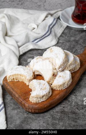 Kavala cookies on a dark background. Sweet almond cookies. Bakery ...
