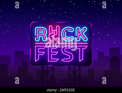 Rock Fest logo in neon style. Rock Festival neon night sign, design ...