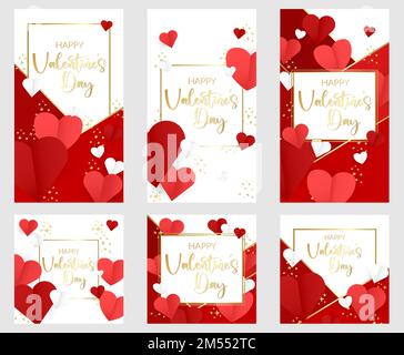 Valentine's day stories banners set. Pink, red background with flying ...