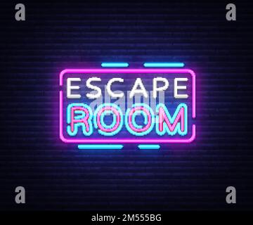 Quest room neon sign. Text with lock instead letter. Glowing banner or ...