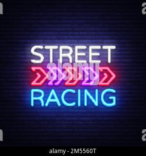 Racing Sports billboard neon logo emblem pattern. A glowing sign on the ...