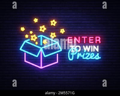 Prizes box neon, gift sign. Night neon signboard. Vector stock ...