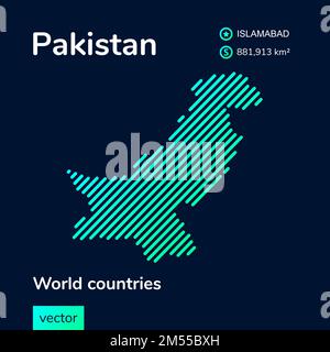 Map of Pakistan. Vector neon flat map with violet, purple, pink striped ...