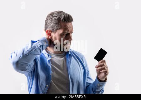 sad guy show business debit isolated on studio background. guy with ...