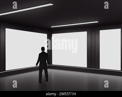 Businessman watching frames in gallery. Abstract interior blank wall ...