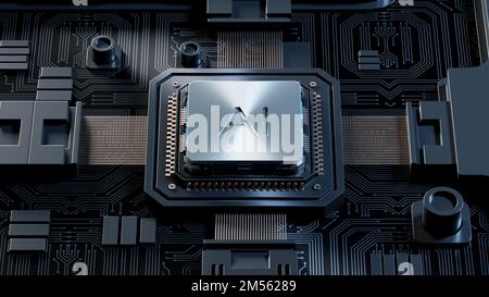 3D rendering of cyberpunk AI. Circuit board. Technology background. Central Computer Processors ...