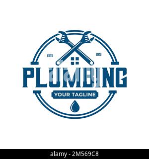 Plumbing logo, in retro or vintage style, plumber logo for professional business concept emblem ...