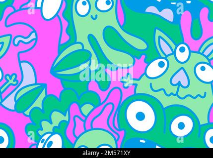 Cartoon doodle monsters seamless aliens and animals pattern for ...