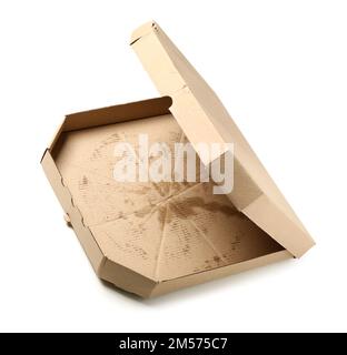 Empty greasy pizza box isolated on white background Stock Photo - Alamy