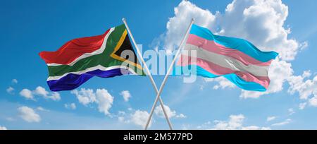 two crossed flags transgender Pride and Saudi Arabia waving in wind at ...