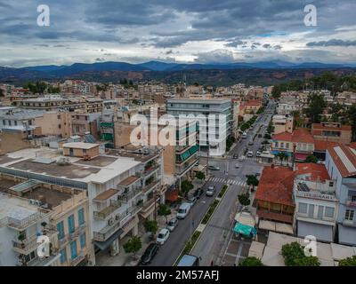Aerial view of the modern city of Sparti Greece. Sparti was founded to ...