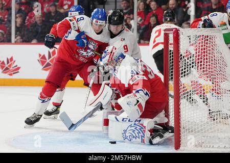 Czechia's goaltender Tomas Suchanek, bottom, makes a save as teammate ...