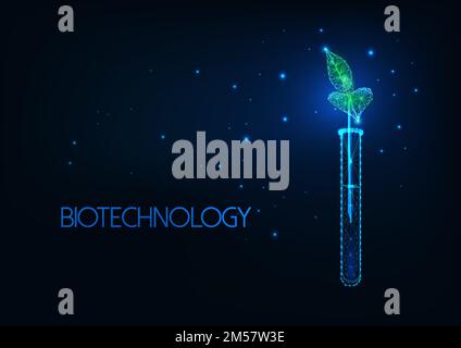 Futuristic biotechnology concept with glowing low polygonal green leaf ...