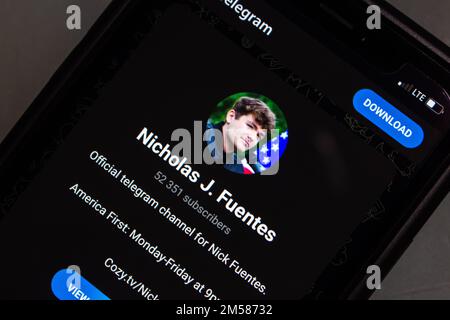 Nick Fuentes Telegram channel page seen in an iPhone screen. Nicholas J ...