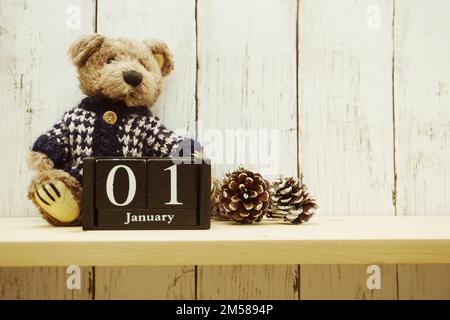 1st January Months wooden calendar Happy New Year background Stock ...