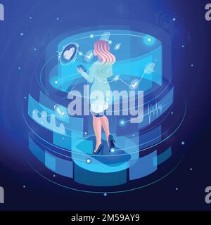 Isometric doctor works on a virtual screen, monitors, set 3, remote ...