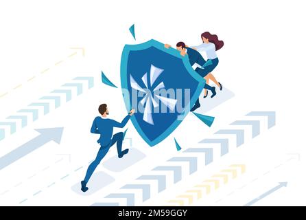 Isometric Business businessmen hiding behind a shield from attack ...