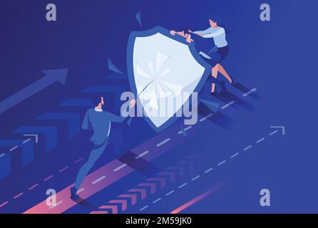 Isometric Business businessmen hiding behind a shield from attack ...