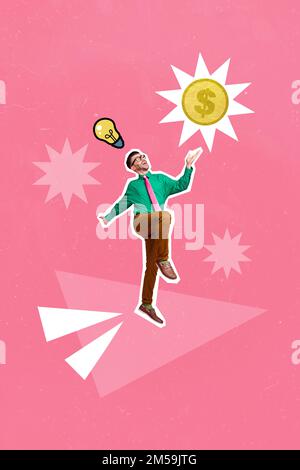 Vertical collage picture of excited mini guy black white colors hold ...