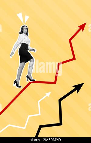 Collage artwork graphics picture of serious lady walking arrows up ...