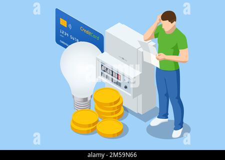 Isometric invoice and electricity meter. Utility bills payment ...