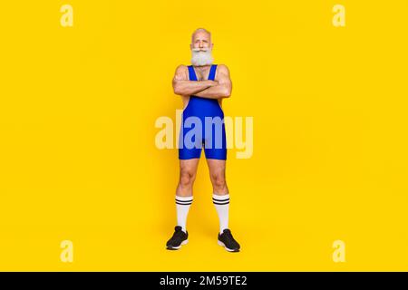 Photo of aged grandfather folded arms positive smile empty space ...