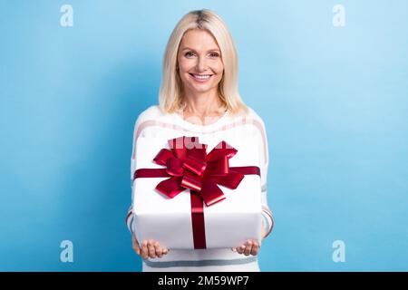 Photo of charming lady hold demonstrate empty space netbook display ...
