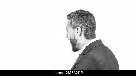 Profile portrait of angry professional man shouting grey background ...