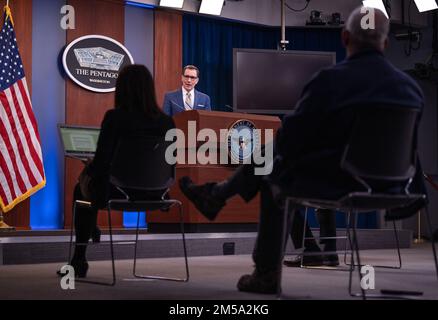 Pentagon spokesman John Kirby speaks during a media briefing at the ...