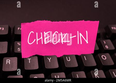 Text showing inspiration Check In. Business showcase Procedure by which ...