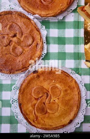 Traditional homemade Pastel Vasco (Basque cake), in a basque market ...