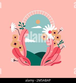 Vector illustration beautiful frame with pink rose flower and green ...