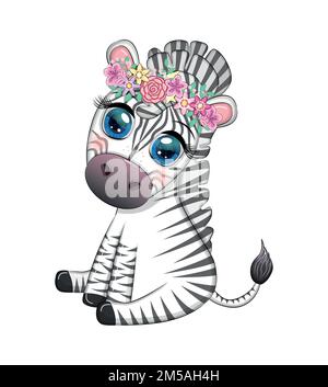 Striped zebra in a wreath of flowers, with a bouquet. Spring is coming ...
