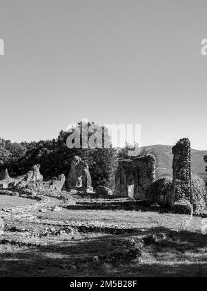 A grayscale of the Roman ruins in a picturesque landscape with lush ...