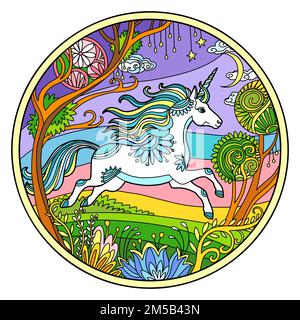 Running unicorn in flower frame round shape. Hand drawing magic horse ...