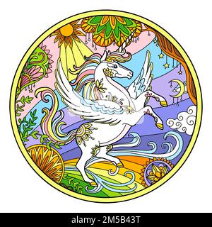 Unicorn with wings in flower frame round shape. Hand drawing magic ...