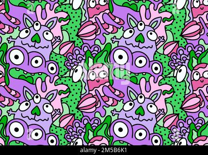 Cartoon doodle monsters seamless aliens and animals pattern for ...