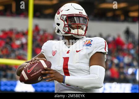 Washington State quarterback Cameron Ward (1) hands the ball to running ...