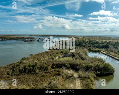 Aerial view of Fort Macomb ruined brick fort in Louisiana with two ...