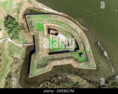 Aerial view of Fort Pike National Historic Monument brick fort and ...