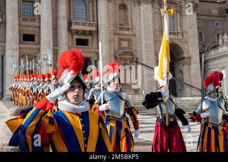 Pontifical Swiss Guards march in line after Pope Francis delivers his ...