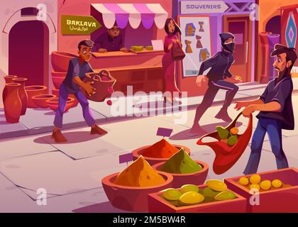 Scene on arabic bazaar with man drops fruits from basket on road ...