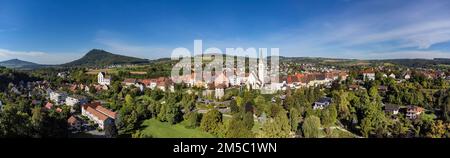 Aerial view of the town of Engen, on the right the Hegau volcano ...