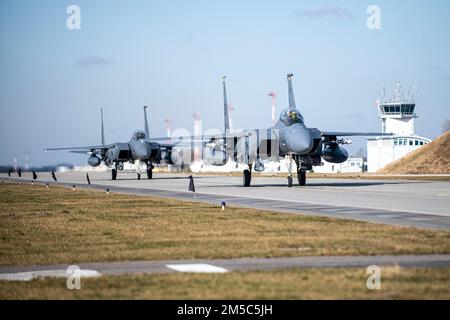 A 336th Tactical Fighter Squadron F-15E Eagle aircraft is readied for ...