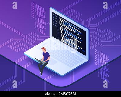 Young programmer man character coding and listenning music. Vector flat ...