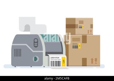 Label printer with boxes. Packaging boxes marked with a bar code ...