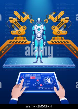 Robot assembly line producing cyborg in factory. Engineer hand using ...