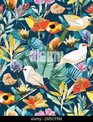 Birds, jungle and floral illustration with outlines. Pattern for ...