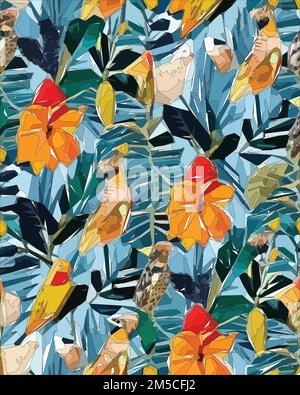 Birds, jungle and floral illustration with outlines. Pattern for ...